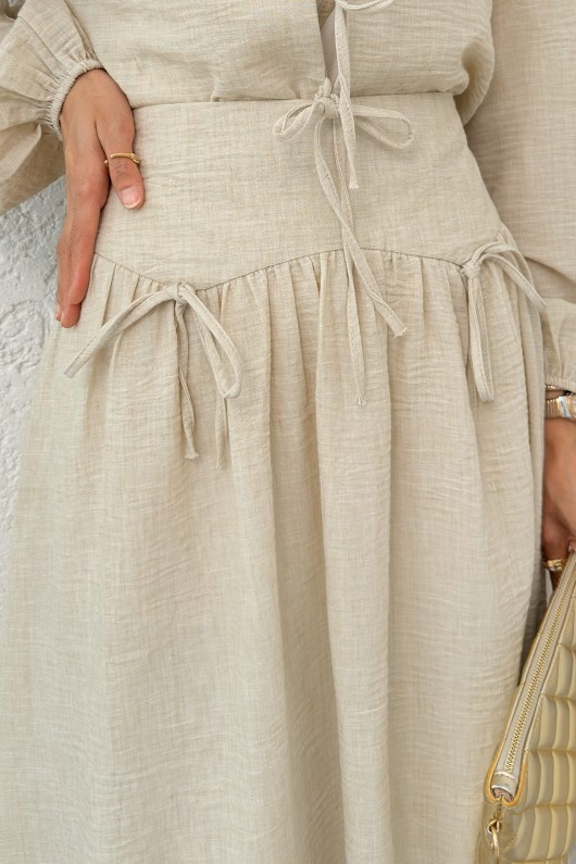 İp Bağcıklı Etekli Kombin 2299 - TAŞ RENGİ | Salih Çelebi