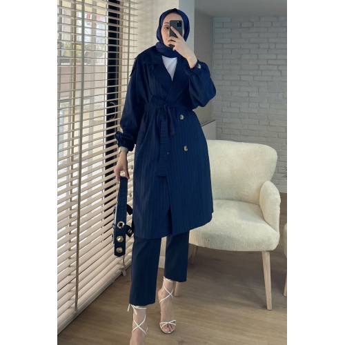 61646 Arkası Robalı Trençkot - LACİVERT