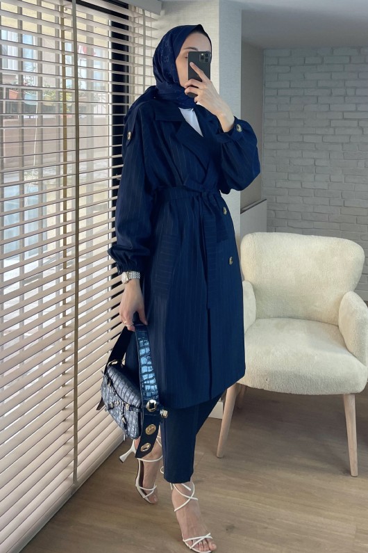 61646 Arkası Robalı Trençkot - LACİVERT